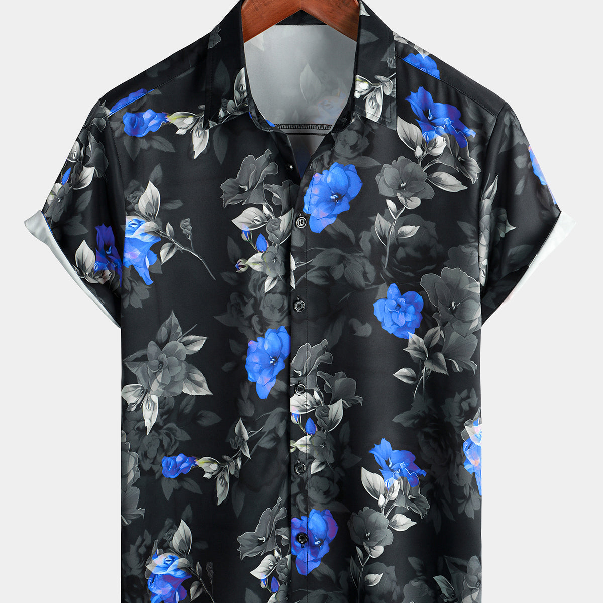 Men's Summer Casual Blue Floral Button Up Short Sleeve Holiday Cool Be ...