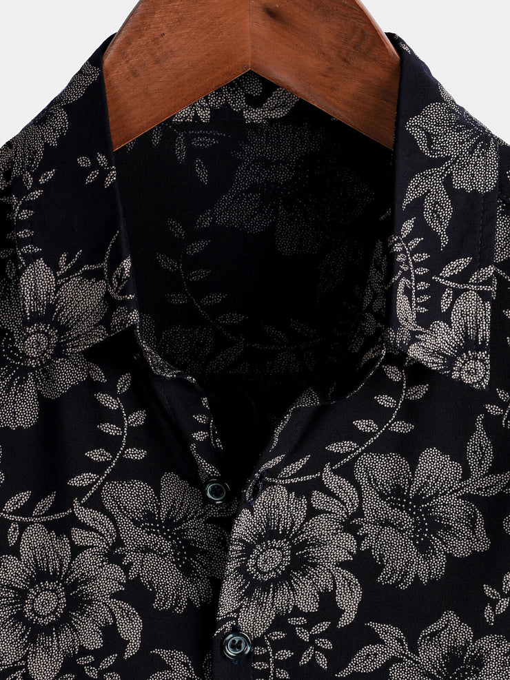 Men's Floral Print Vintage Flower Holiday Breathable Button Up Navy Bl ...