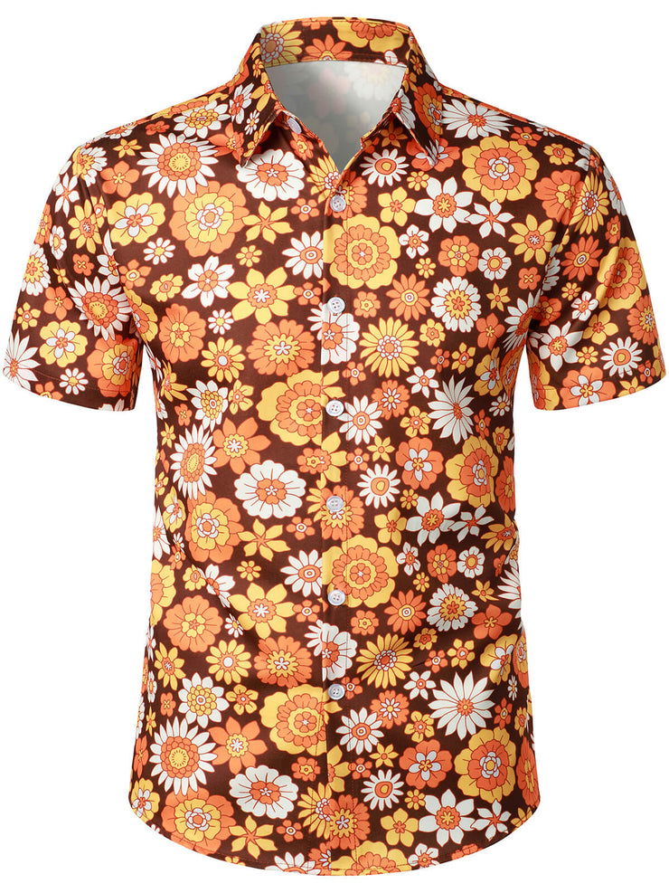 Men's Floral Vintage Flower Button Up 70s Themed Disco Party Short Sle ...