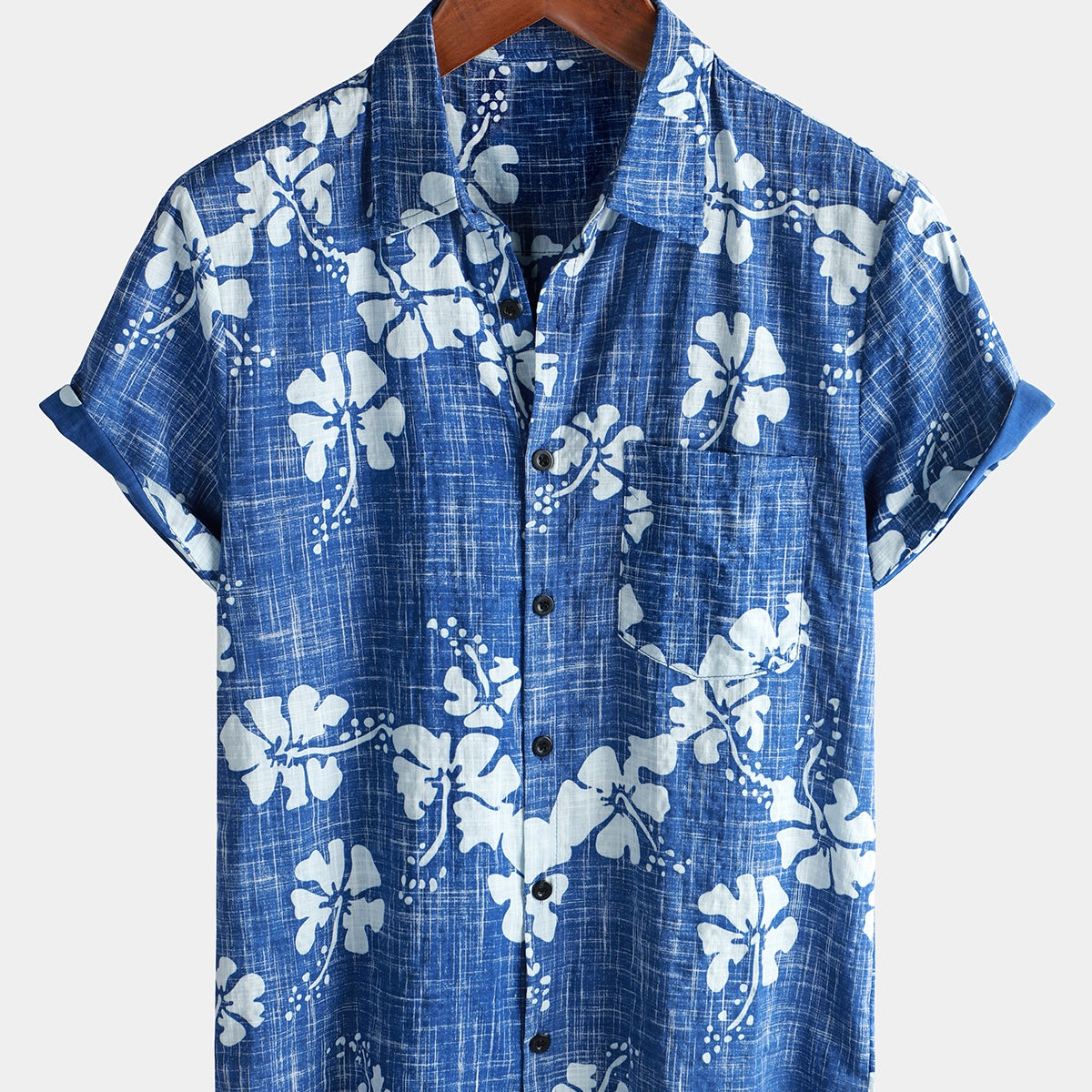Men's Blue Floral Vintage Short Sleeve Button Up Beach Tropical Hawaii ...
