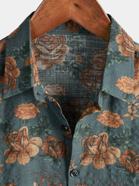Men's Vintage Floral Retro Button Up Blue Summer Holiday Short Sleeve ...