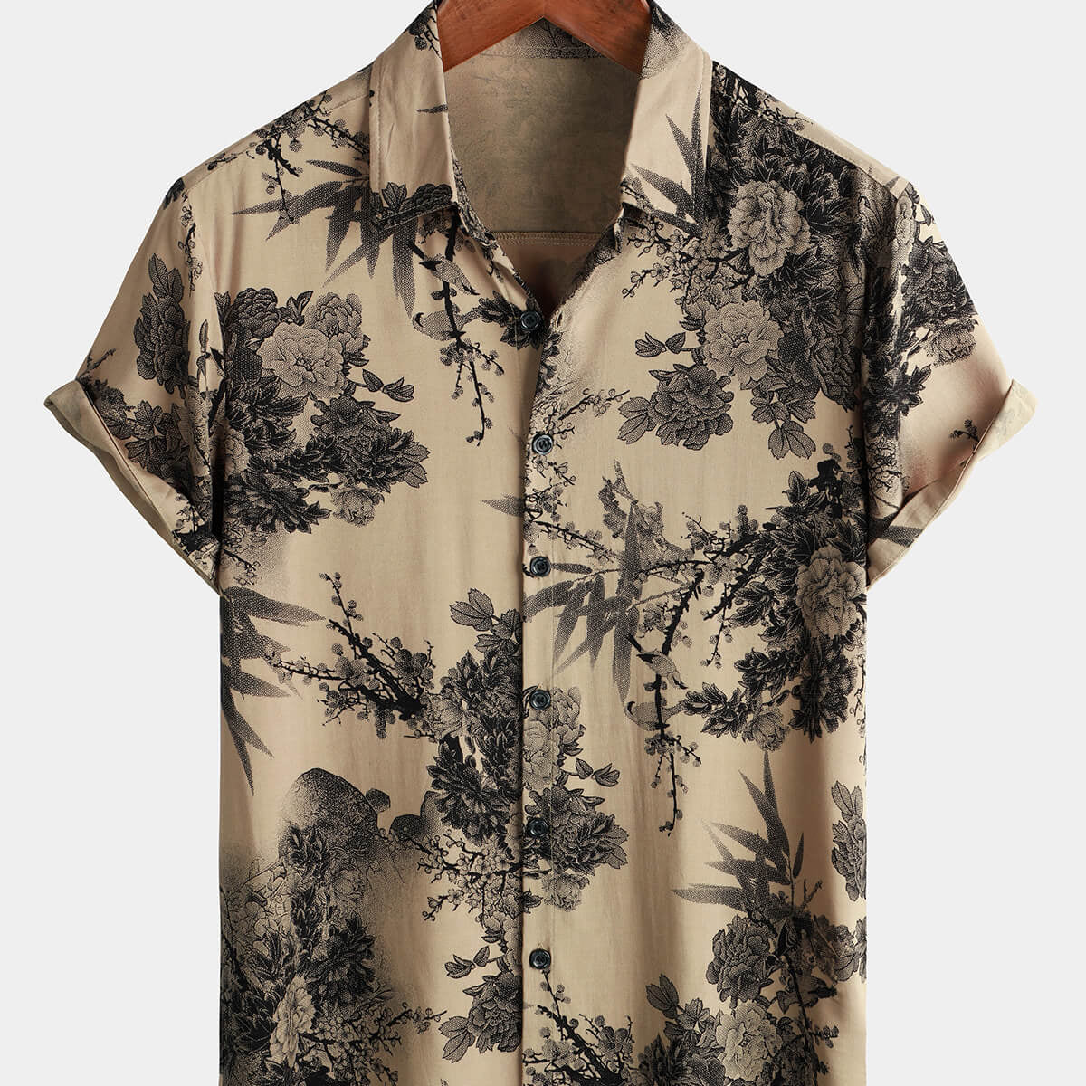 Men's Bamboo Floral Vintage Summer Hawaiian Rayon Holiday Button Up Sh ...
