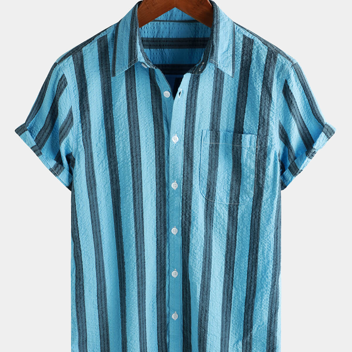 Men's Striped Cotton Casual Pocket Hawaiian Holiday Button Up Short Sl ...