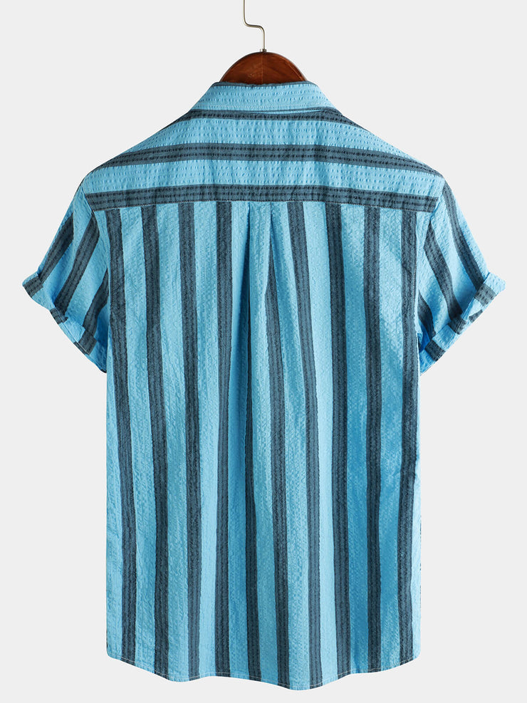 Men's Striped Cotton Casual Pocket Hawaiian Holiday Button Up Short Sl ...