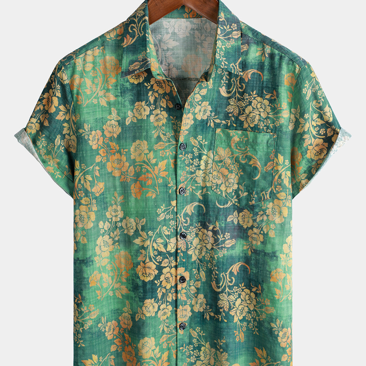 Men's Green Floral Print Pocket Short Sleeve Shirt – Atlanl