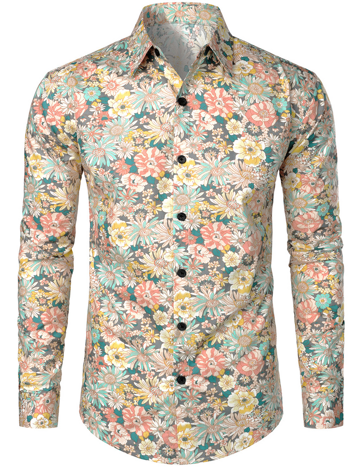 Men's Grey Cotton Floral Print Long Sleeve Shirt – Atlanl