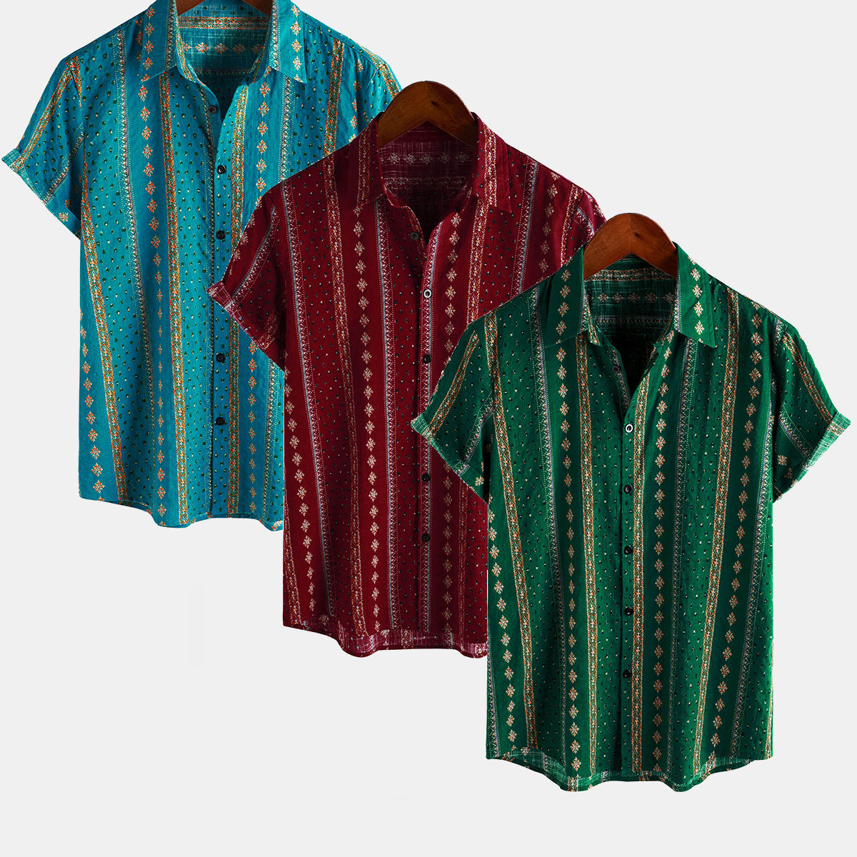 Bundle Of 3 | Men's Retro Striped Print Button Up 70s Vintage Short Sl ...