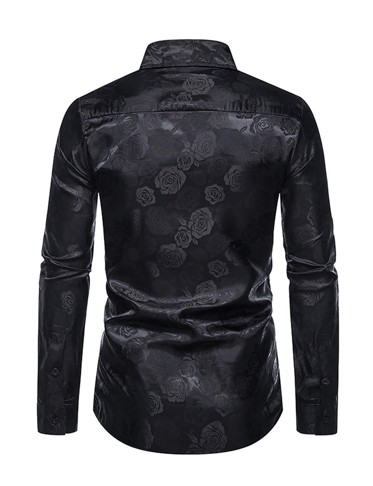 Men's Jacquard Vintage Rose Flower Print Party Prom Long Sleeve Dress ...