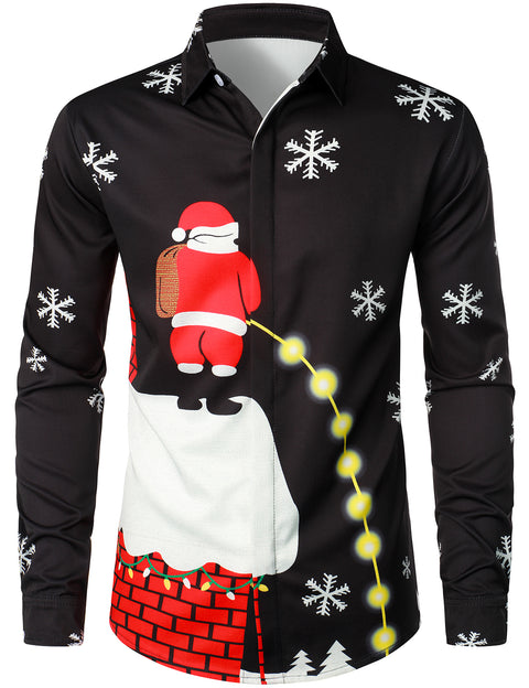 Men's Christmas Santa Button Up Black Novelty Long Sleeve Shirt – Atlanl