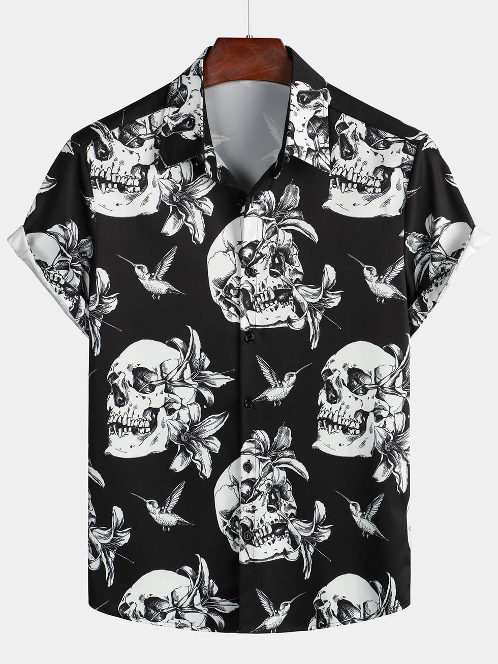 Men's Skull Hummingbird Punk Rocker Cool Rock Button Up Short Sleeve B ...