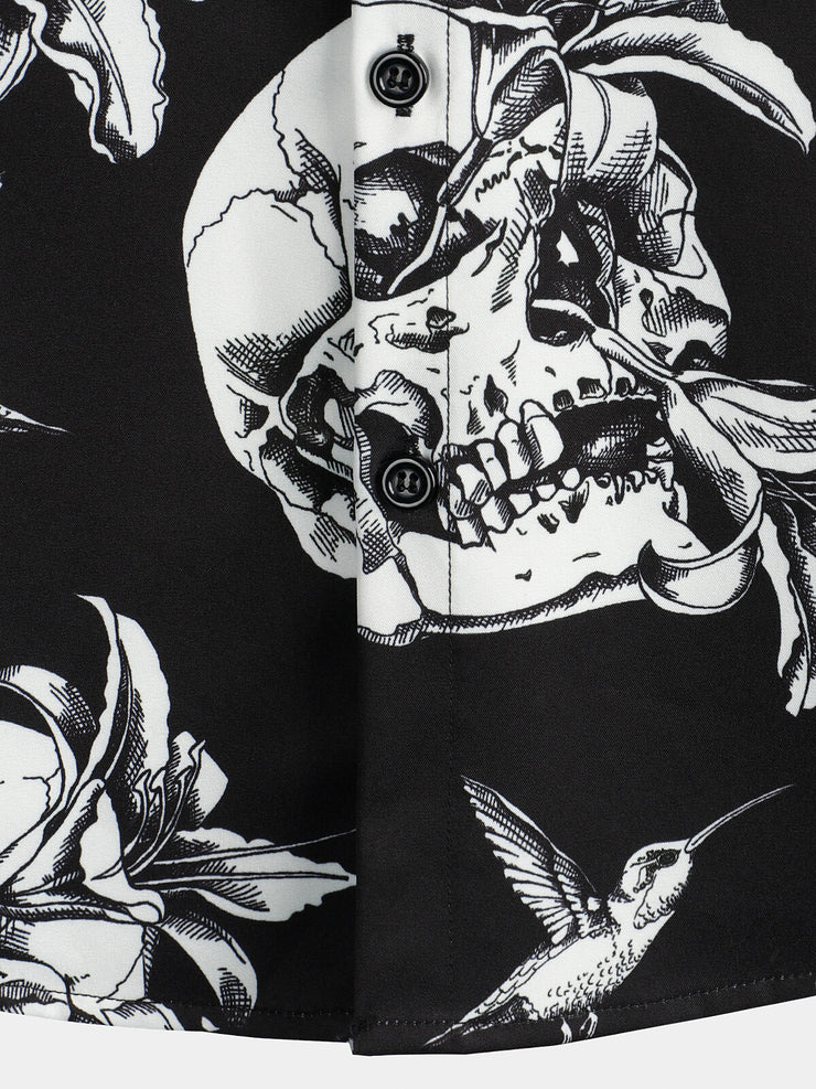 Men's Skull Hummingbird Punk Rocker Cool Rock Button Up Short Sleeve B ...