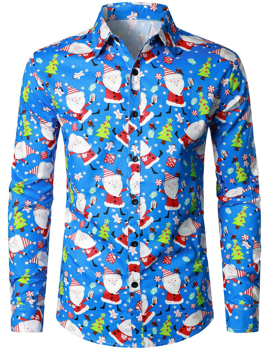 Men's Christmas Print Regular Fit Blue Long Sleeve Santa Dress Shirt ...