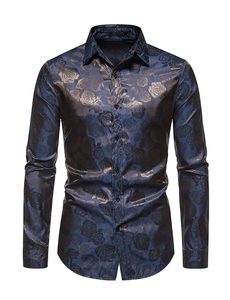 Men's Jacquard Vintage Rose Flower Print Party Prom Long Sleeve Dress ...