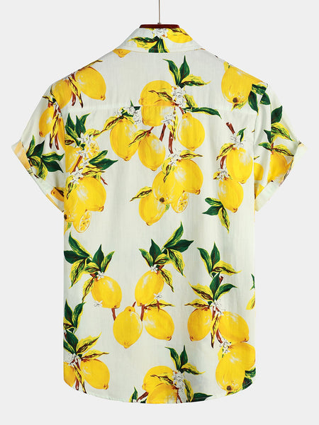 Men's Tropical Yellow Lemon Print Hawaiian Short Sleeve Shirt – Atlanl